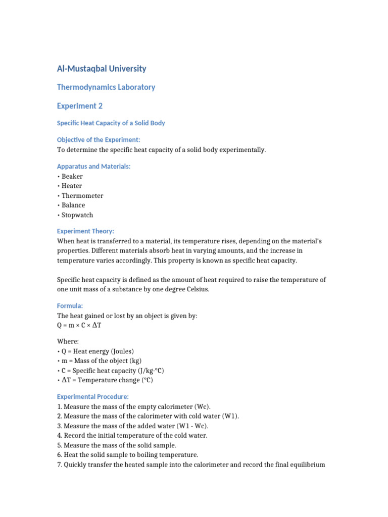 Specific Heat Experiment | PDF