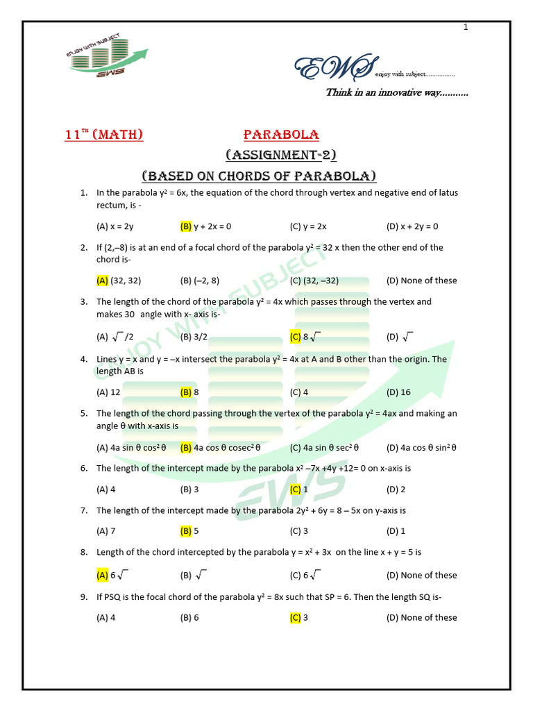 11TH Math Parabola Assignment-2 With Key | PDF | Euclidean Plane ...