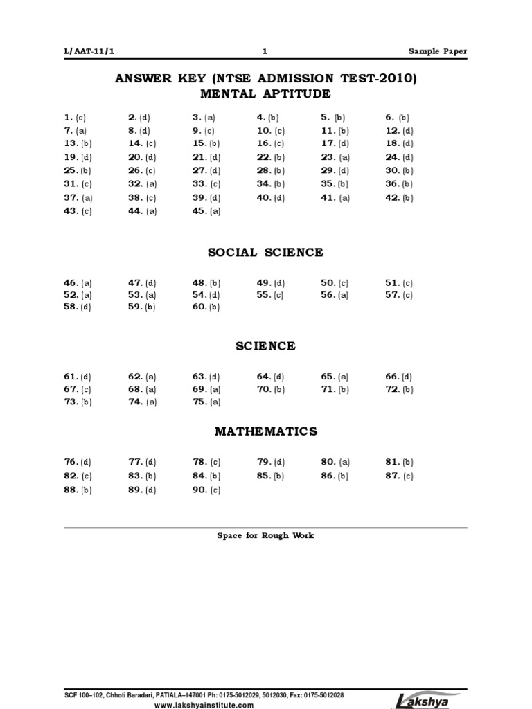 Answer Key (Ntse Admission Test-2010) Mental Aptitude: L/AAT-11/1 ...