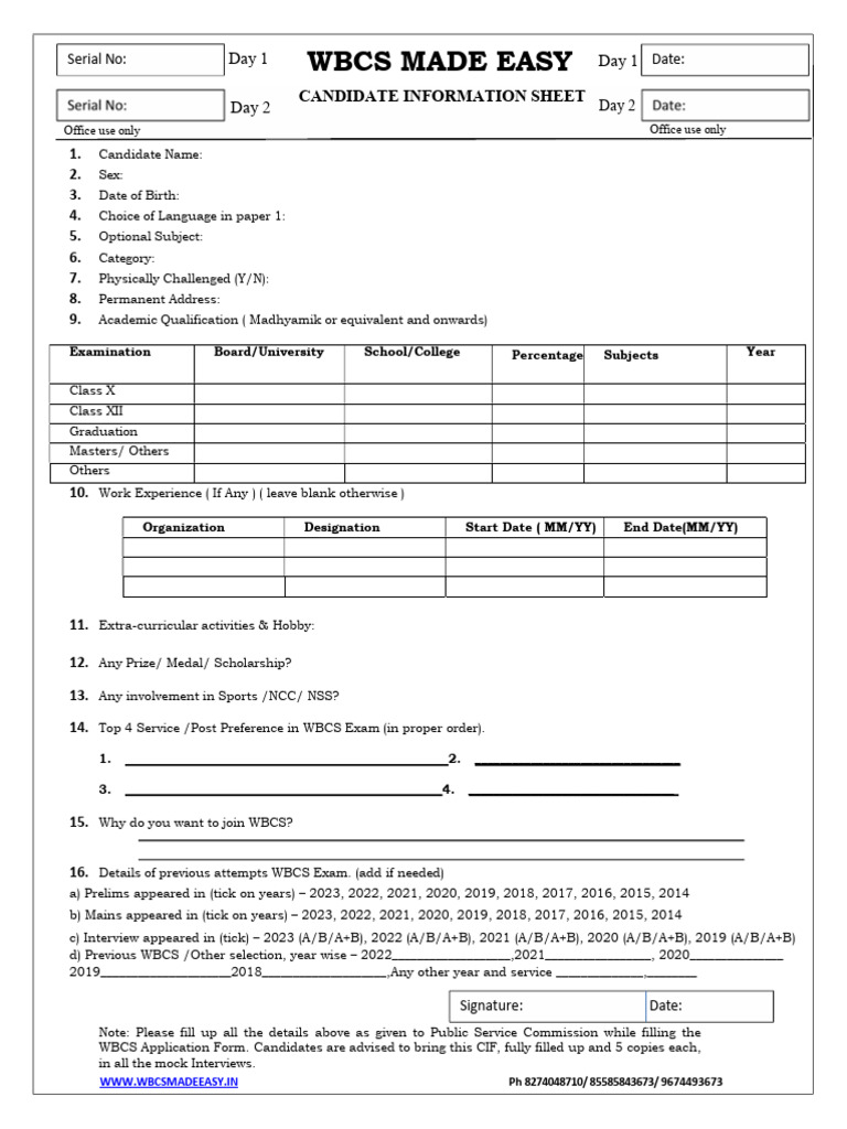 Wbcs Made Easy Candidate Information Sheet Daf Wbcs 2023 GR A and B | PDF