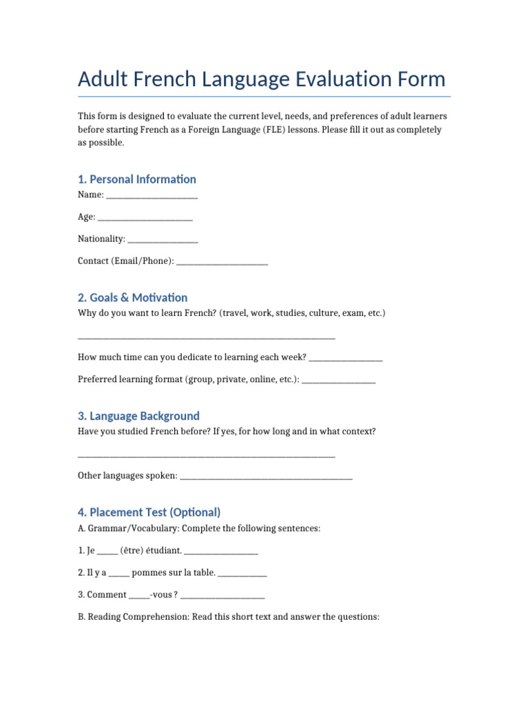 French Adult Evaluation Form | PDF