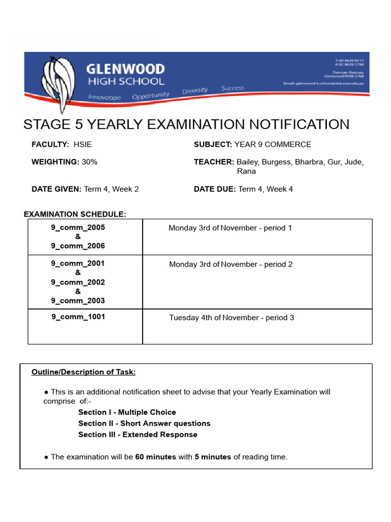 Year 9 Commerce Exam Notification 2024 | PDF | Employment | Investing