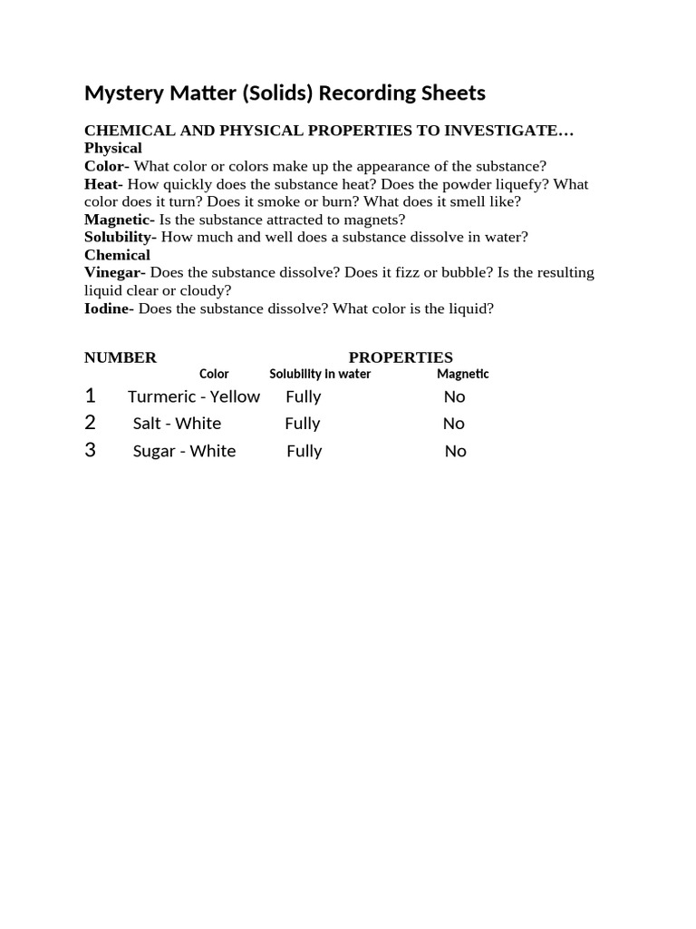 Chemistry Mystery Matter Activity | PDF | Chemical Substances | Solubility