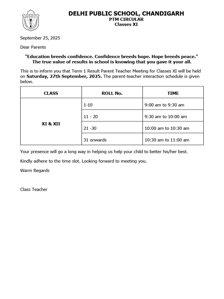 Circular For PTM - Class XI | PDF