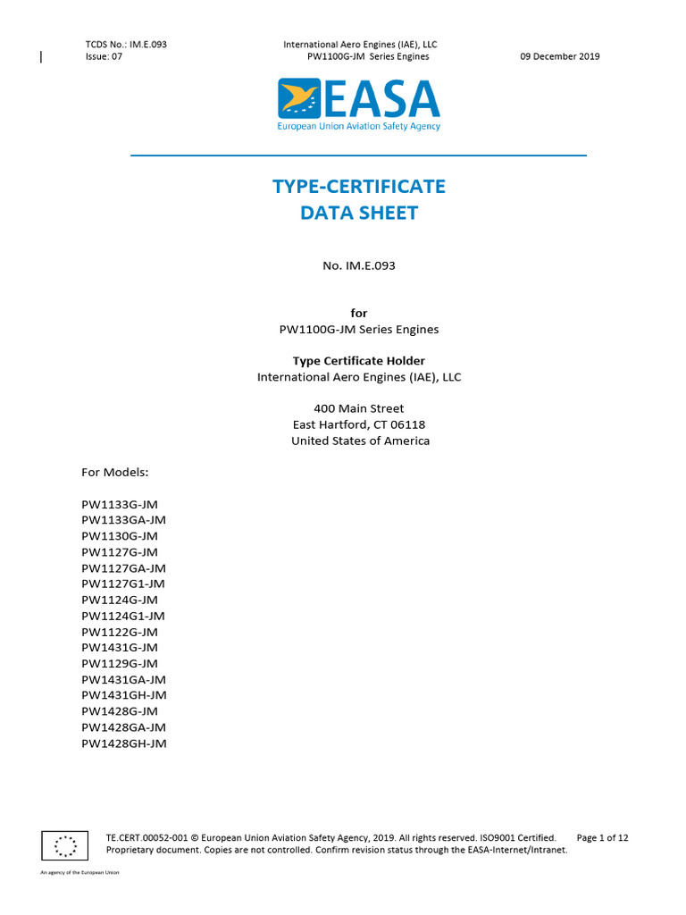 PW1100G-JM Engine Type Certificate Data | PDF | Aviation