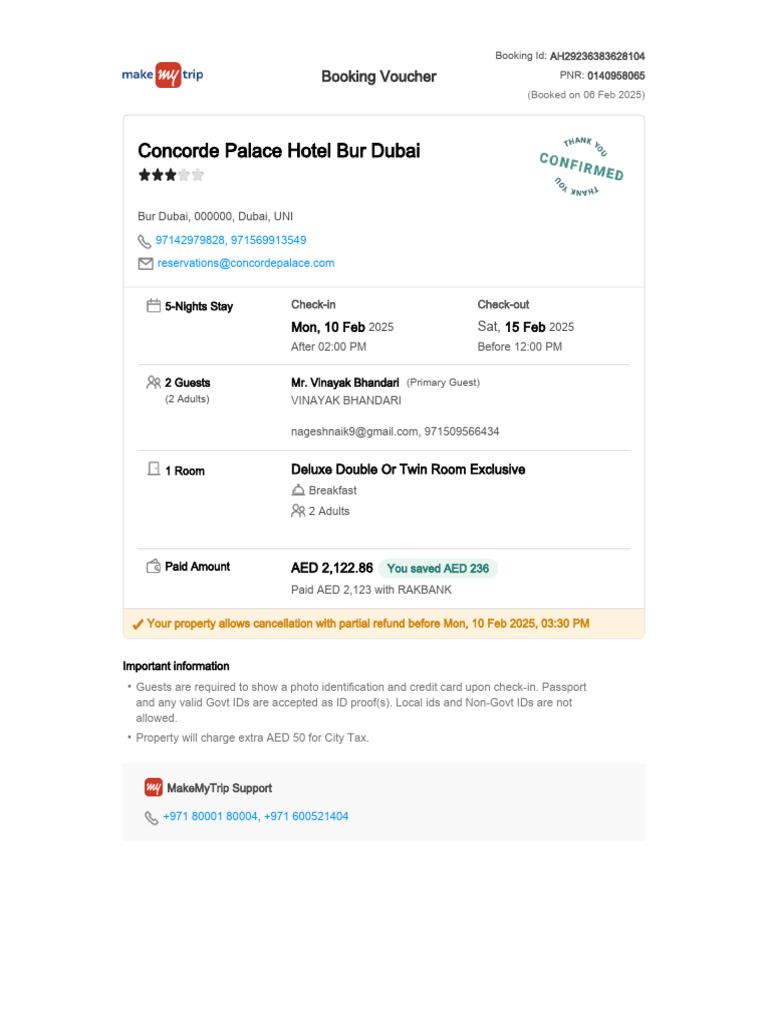 Bur Dubai Hotel Booking Confirmation | PDF
