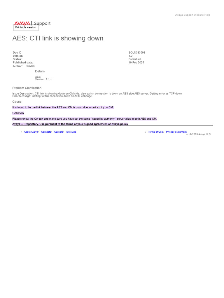 Avaya Knowledge - AES - CTI Link Is Showing Down | PDF