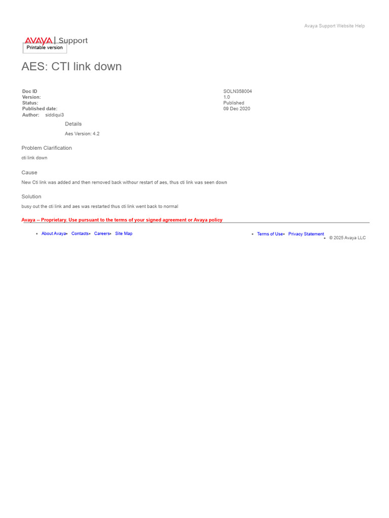 Avaya Knowledge - AES - CTI Link Down | PDF