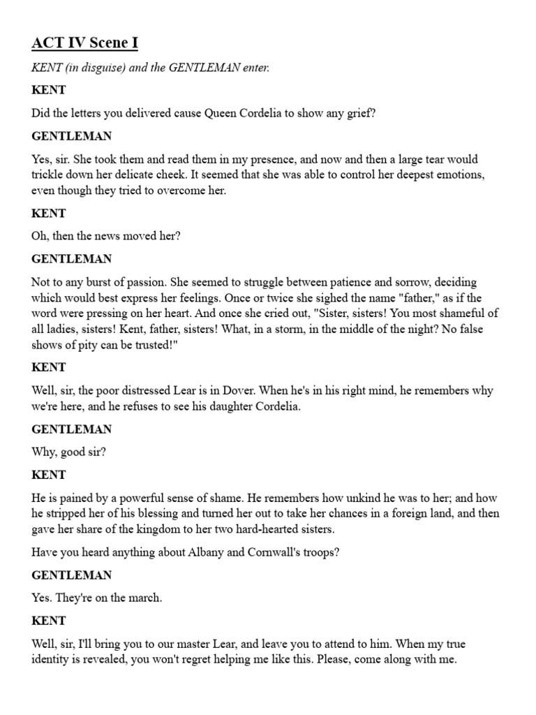 King Lear Dialogue Translations - ACT IV Scene III, IV and V | PDF | King Lear