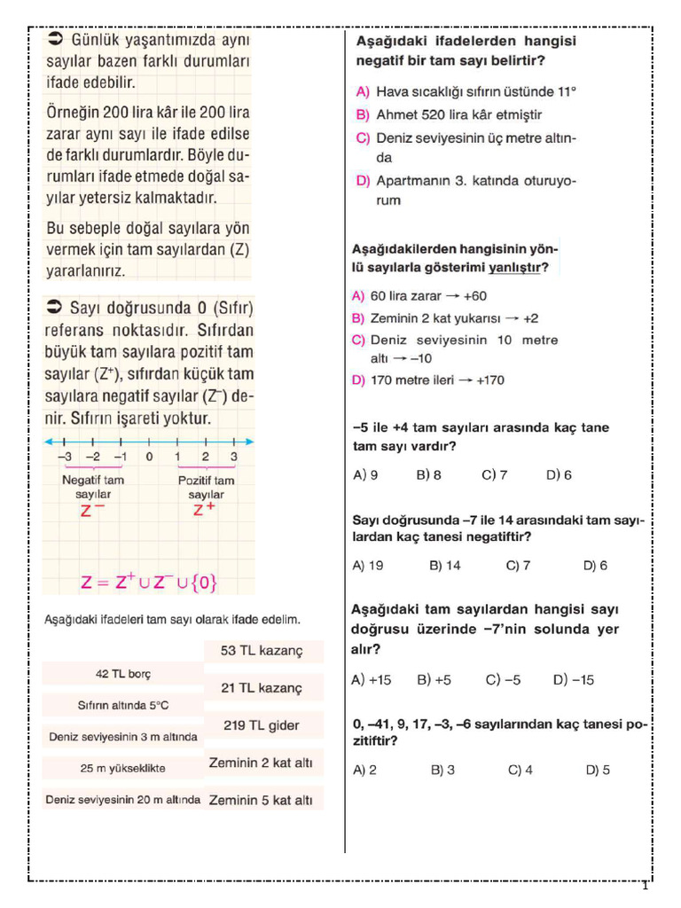 7.sinif Matematik Tam Sayilar Ders Notlari Ve Calisma Sorulari | PDF