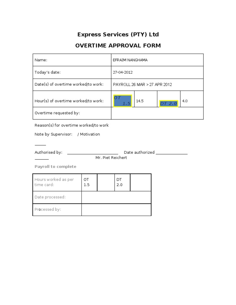 Overtime Approval Form TEMPLATE | PDF | Employment Compensation ...