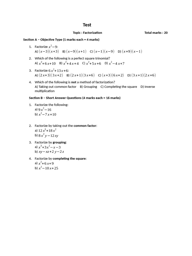 Test Factorization Pdf