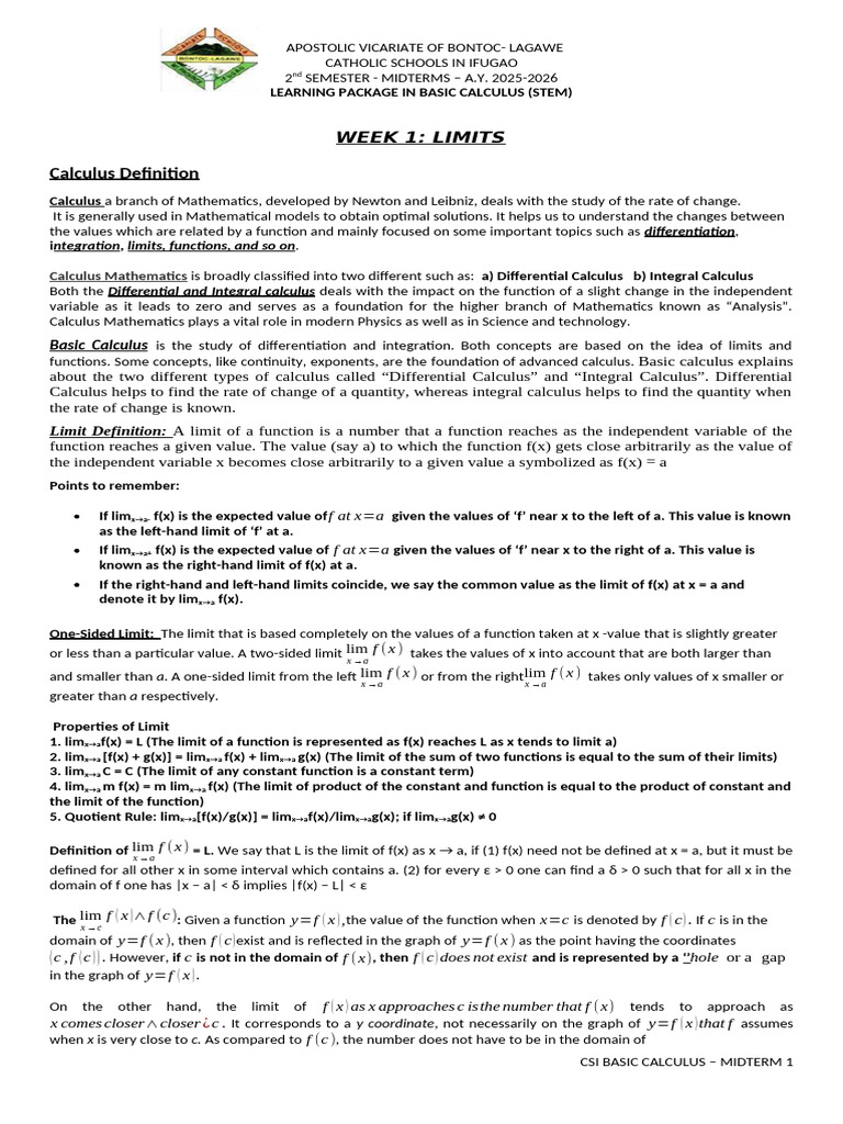 Basic Calculus Midterm Lp-A.y. 2025-2026 | PDF | Calculus | Derivative