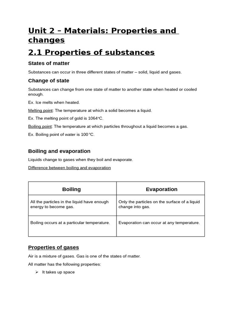 Unit 2 - Materials: Properties and Changes 2.1 Properties of Substances ...