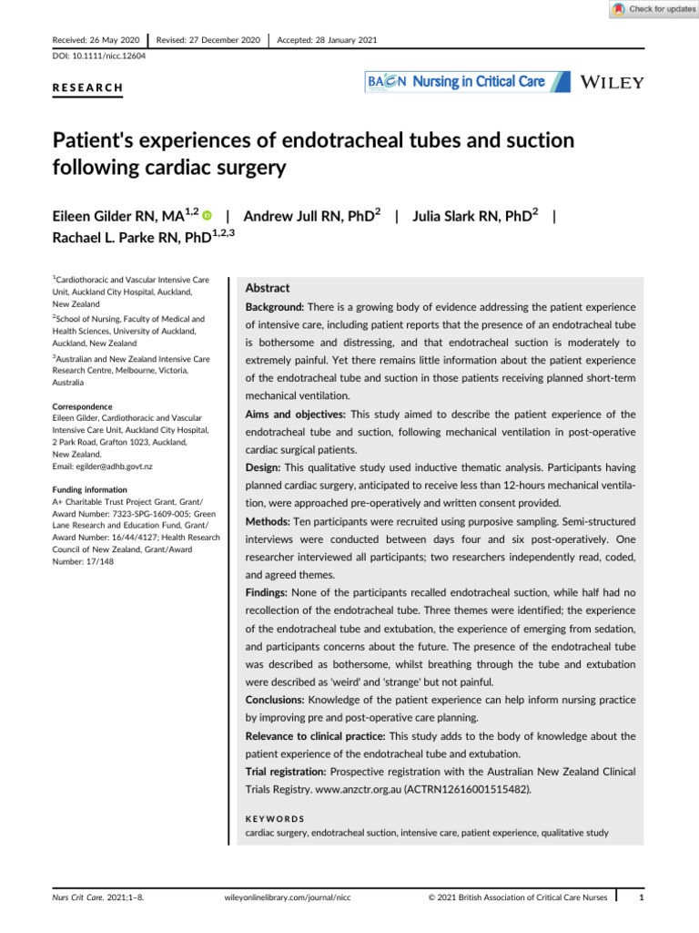 Patient's Experiences of Endotracheal Tubes Adn Suction Following ...