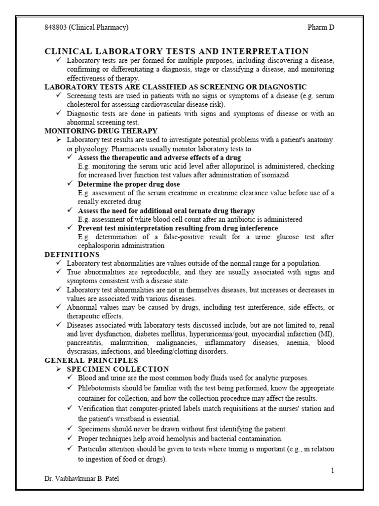 Clinical Laboratory Tests and Interpretation: 1 Dr. Vaibhavkumar B ...