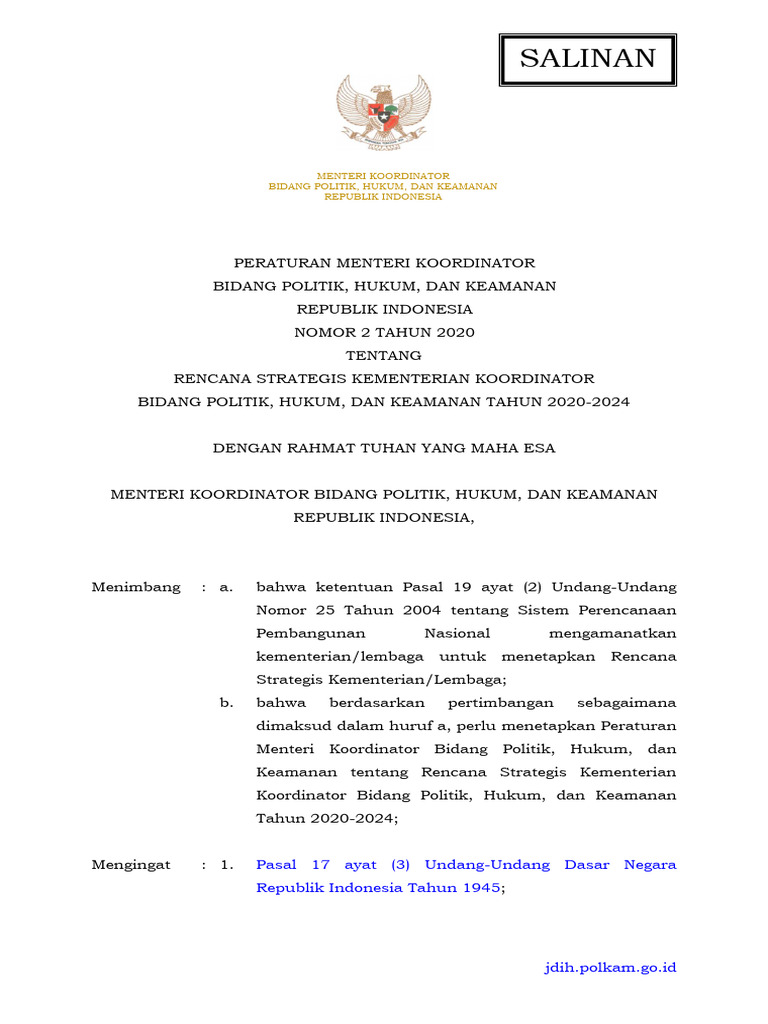 Permenko Polhukam Nomor 2 Tahun 2020 | PDF