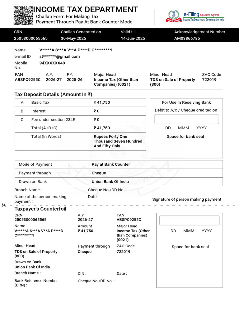 Income Tax Payment Challan Form | PDF | Payments | Cheque