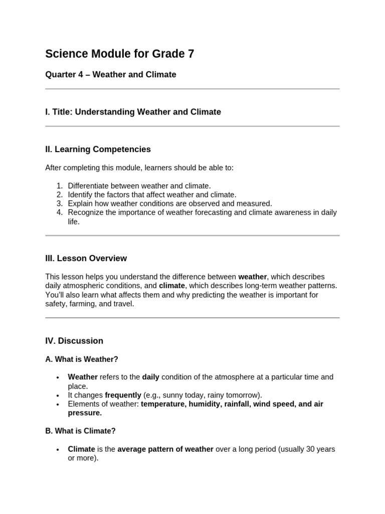 Grade 7 Weather and Climate Module | PDF | Weather | Climate
