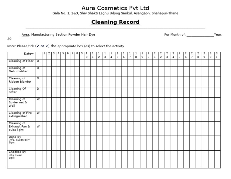 Cleaning Record Format - MFG | PDF