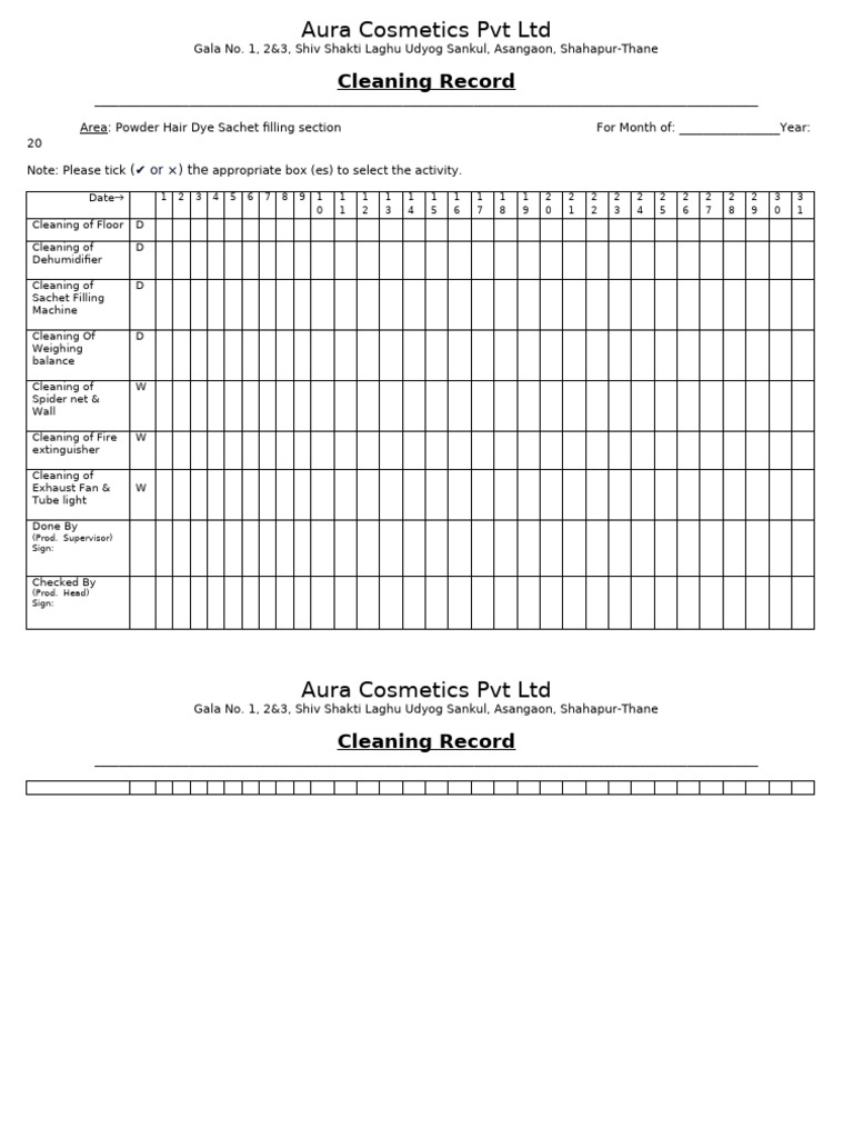 Cleaning Record Format - Sachet Filling | PDF