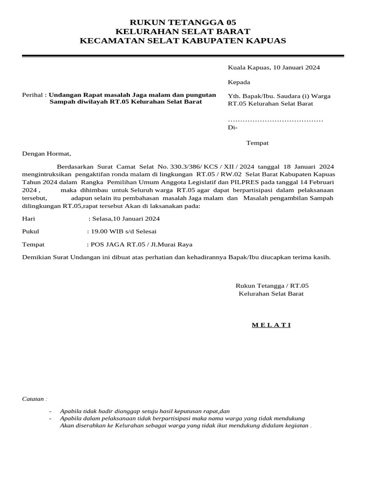 Undangan Rapat RT.05 Selat Barat 2024 | PDF