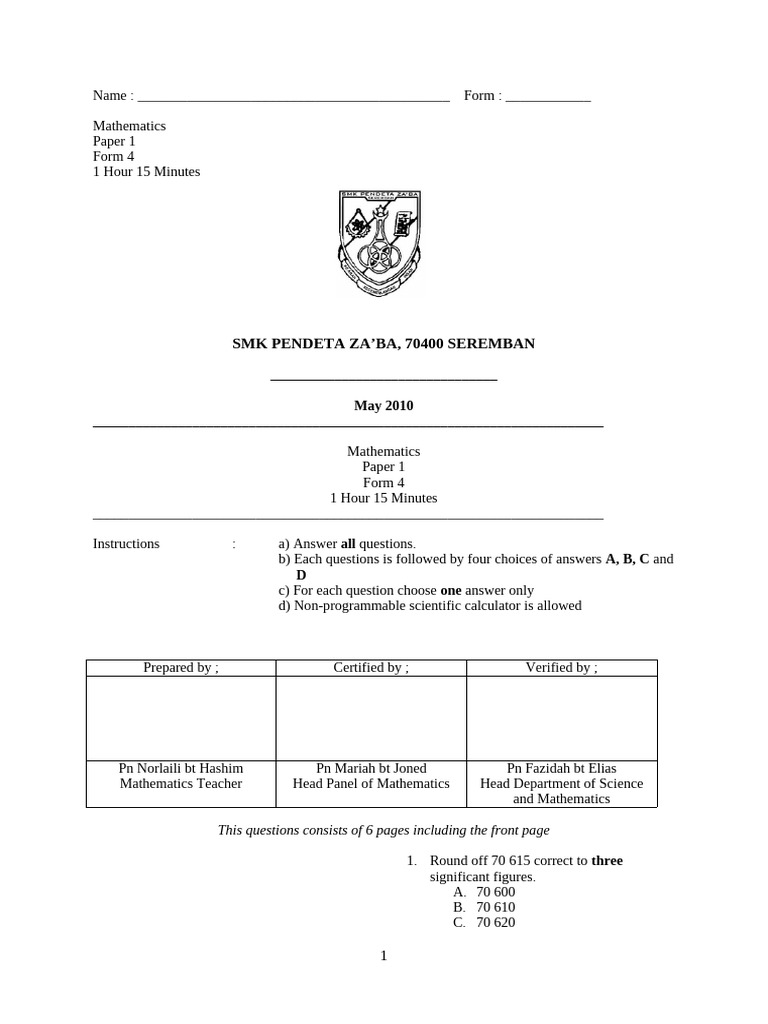 Form 4 Mathematics Exam Paper 2010 | PDF | Elementary Geometry ...