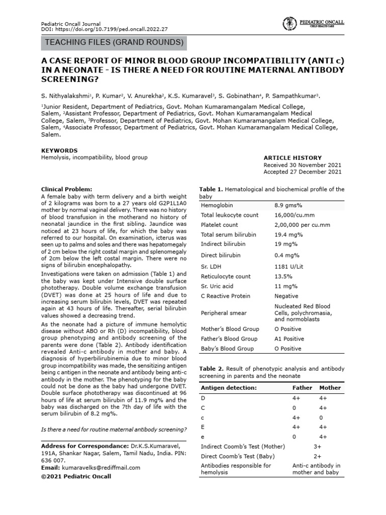 Minor Blood Group Incompatibility in Neonates | PDF | Blood Type | Antibody