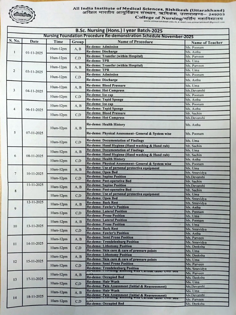 BSC 1st Year Demo Schedule Nov 2025 | PDF | Health Care | Medicine