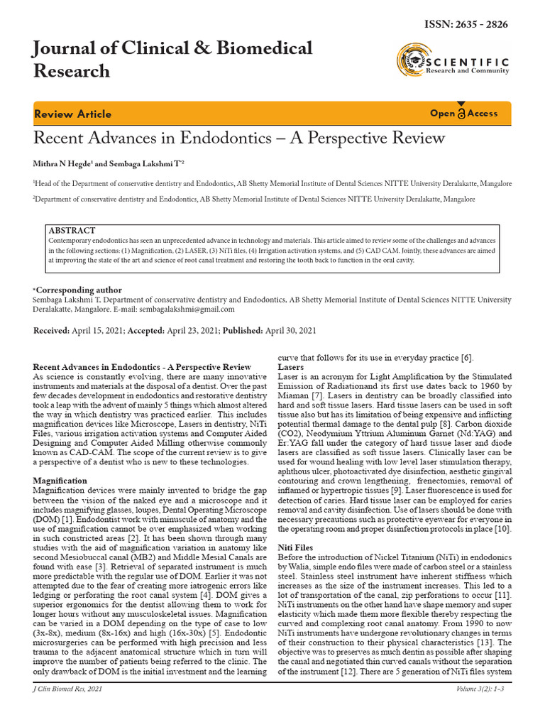 Advances in Endodontics: A Review | PDF | Dentistry | Laser