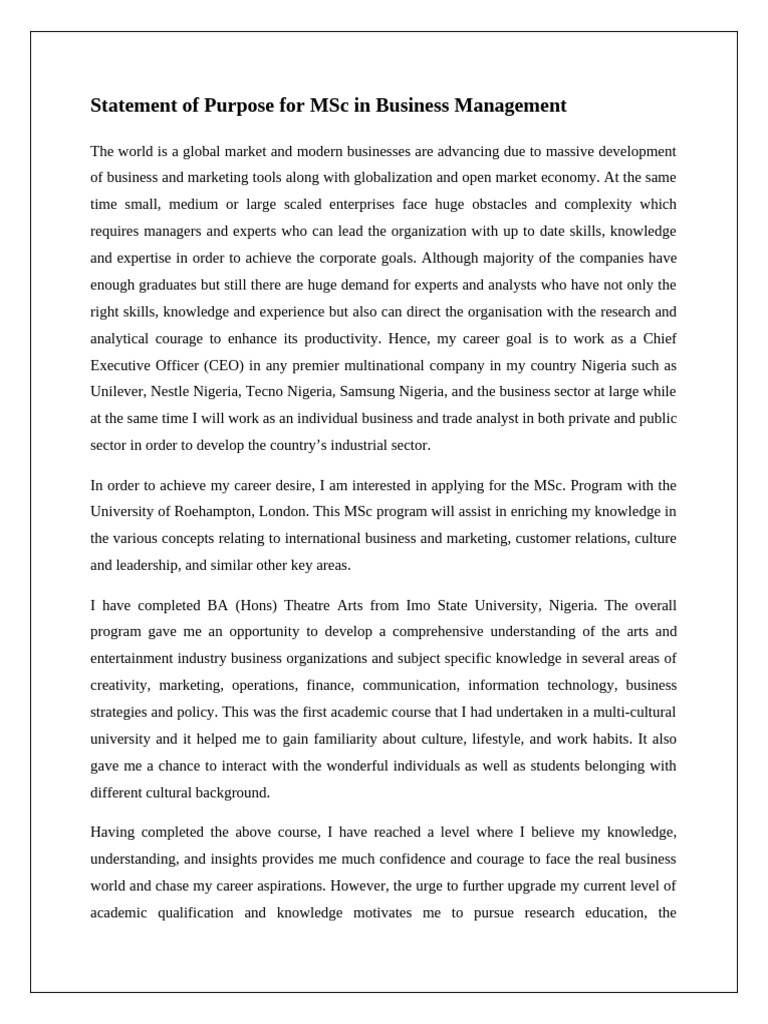 Statement of Purpose For MSC in Business Management | PDF | Thought ...