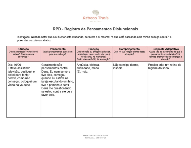 Registro de Pensamentos Disfuncionais | PDF