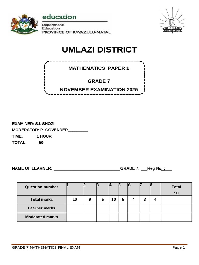 Grade 7 Maths Final Exam 2025 | PDF | Numbers | Mathematics