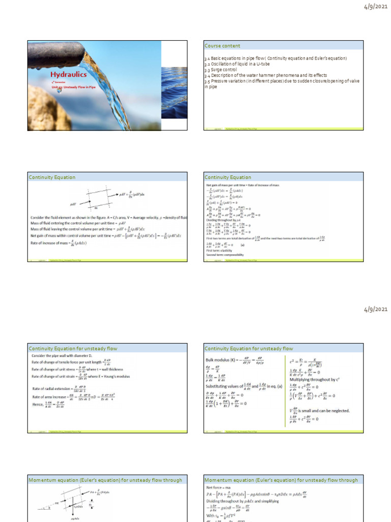 Ch-03 - Unsteady Flow in Pipes | PDF | Fluid Dynamics | Soft Matter