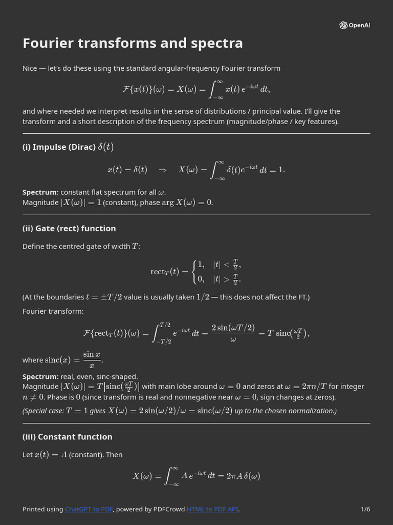 Fourier Transforms of Common Functions | PDF | Spectral Density ...