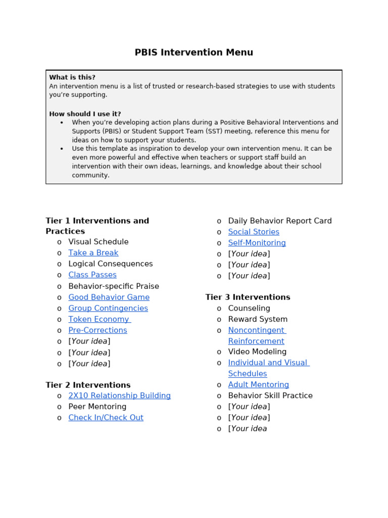 PBIS Intervention Strategies Menu | PDF | Reinforcement | Psychological ...