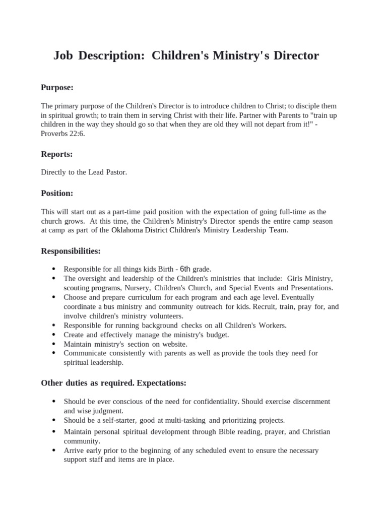 Job Description Children Pastor | PDF | Pastor | Jesus