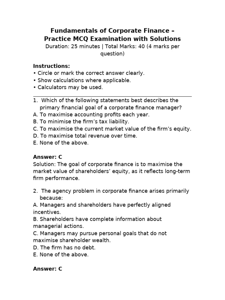 Corporate Finance MCQ Practice Exam | PDF | Net Present Value | Bonds ...