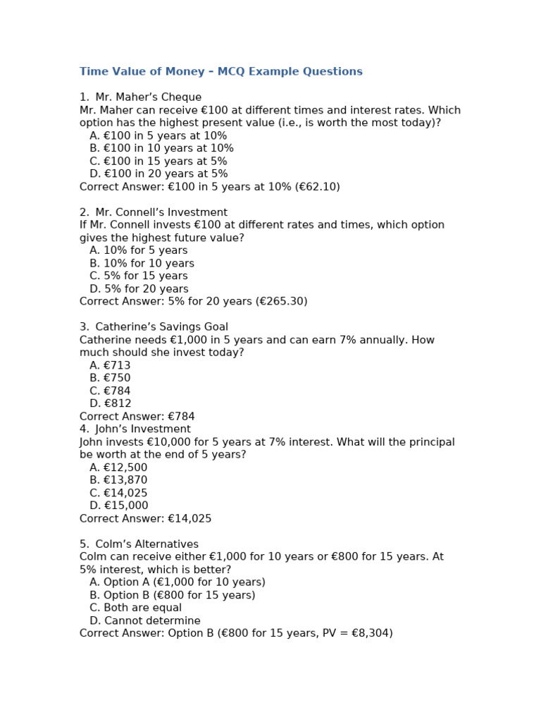 Time Value of Money MCQs | PDF | Present Value | Money