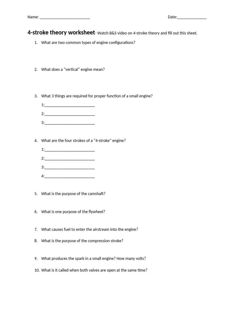 4-Stroke Engine Theory Worksheet | PDF