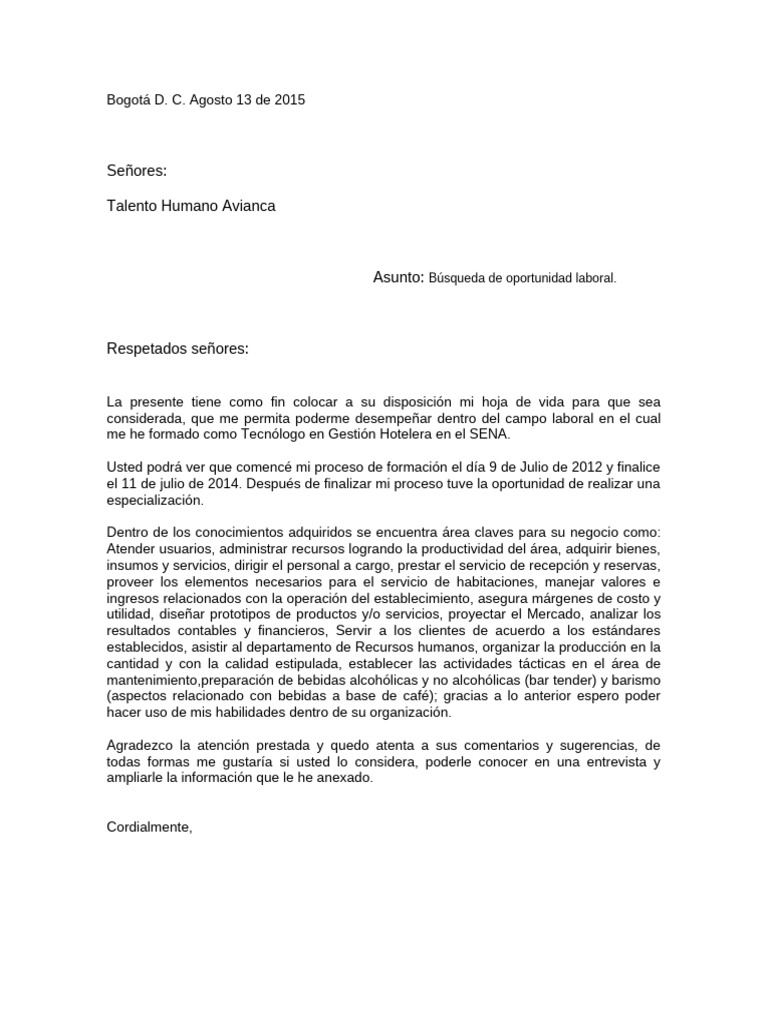 Carta de Presentacion Oficial Sebastian Garzon | PDF