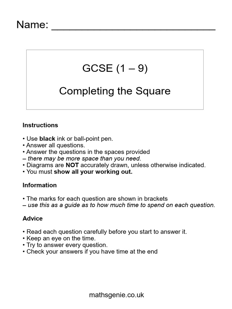 GCSE Completing the Square Practice | PDF | Mathematics | Mathematical ...