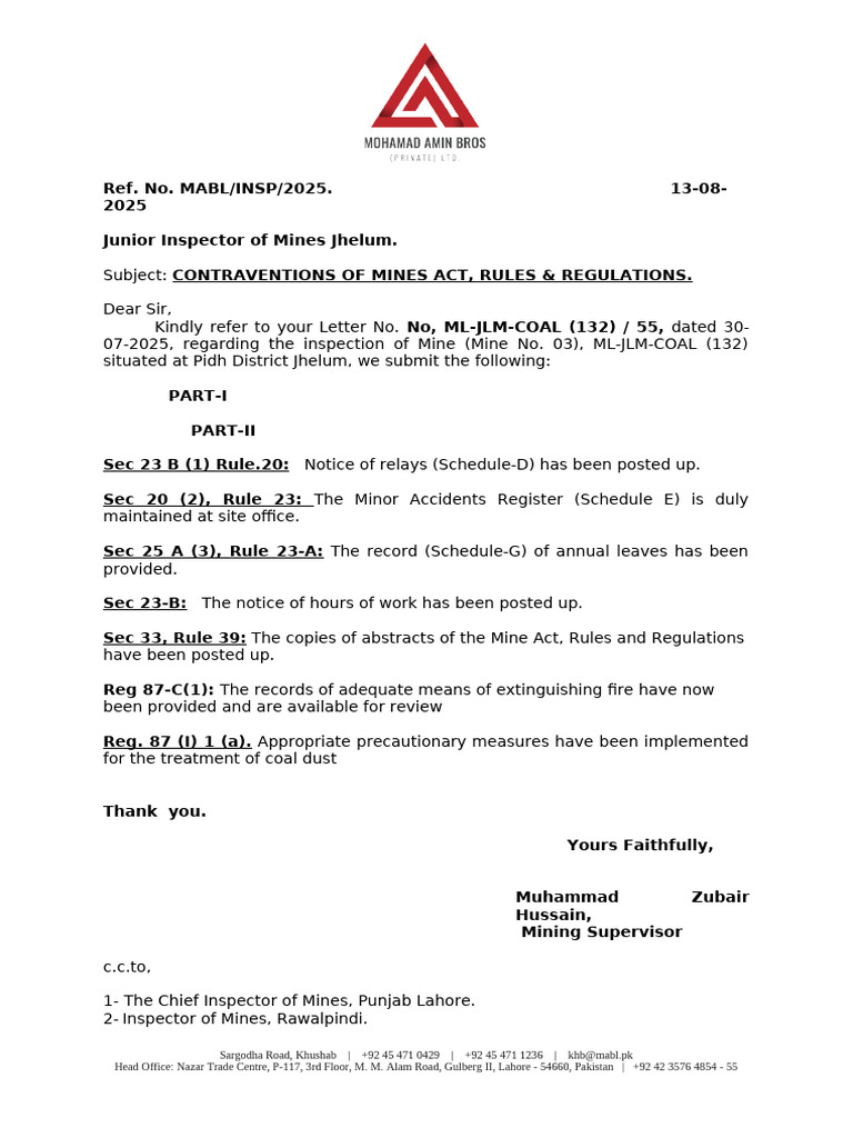 Contrventions of Mines Act, Rules & Regulations. Mine No.03.Pcm1. | PDF