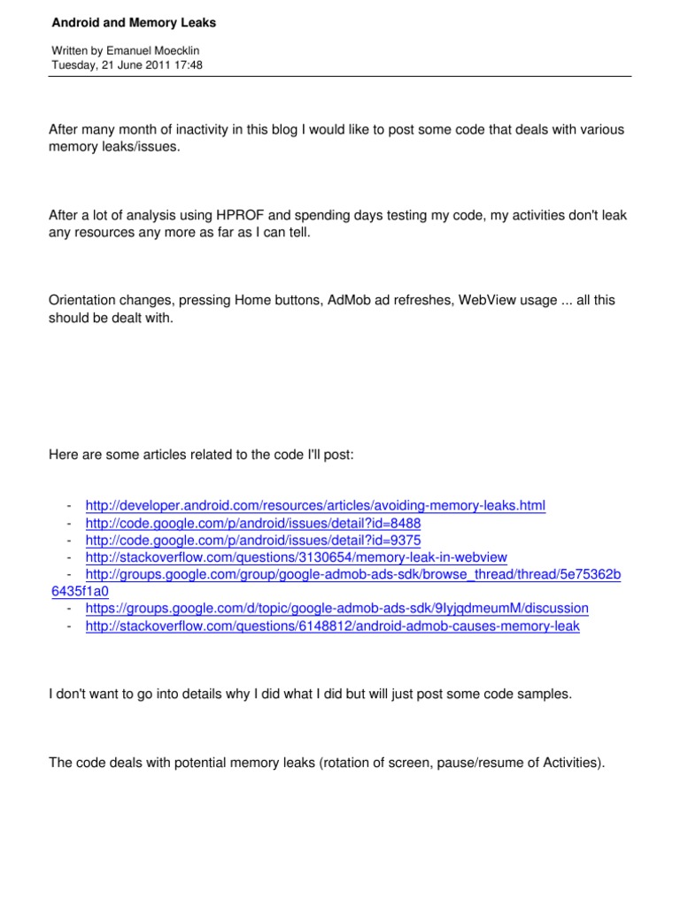 Android and Memory Leaks | PDF | Software Development | Computer Engineering