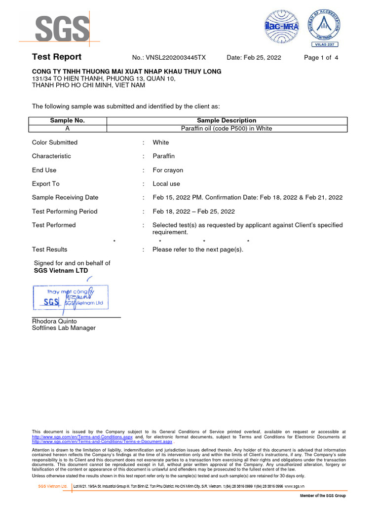 VNSL2202003445TX (SGS Test Report Paraffin P500 | PDF | Chromium | Tin