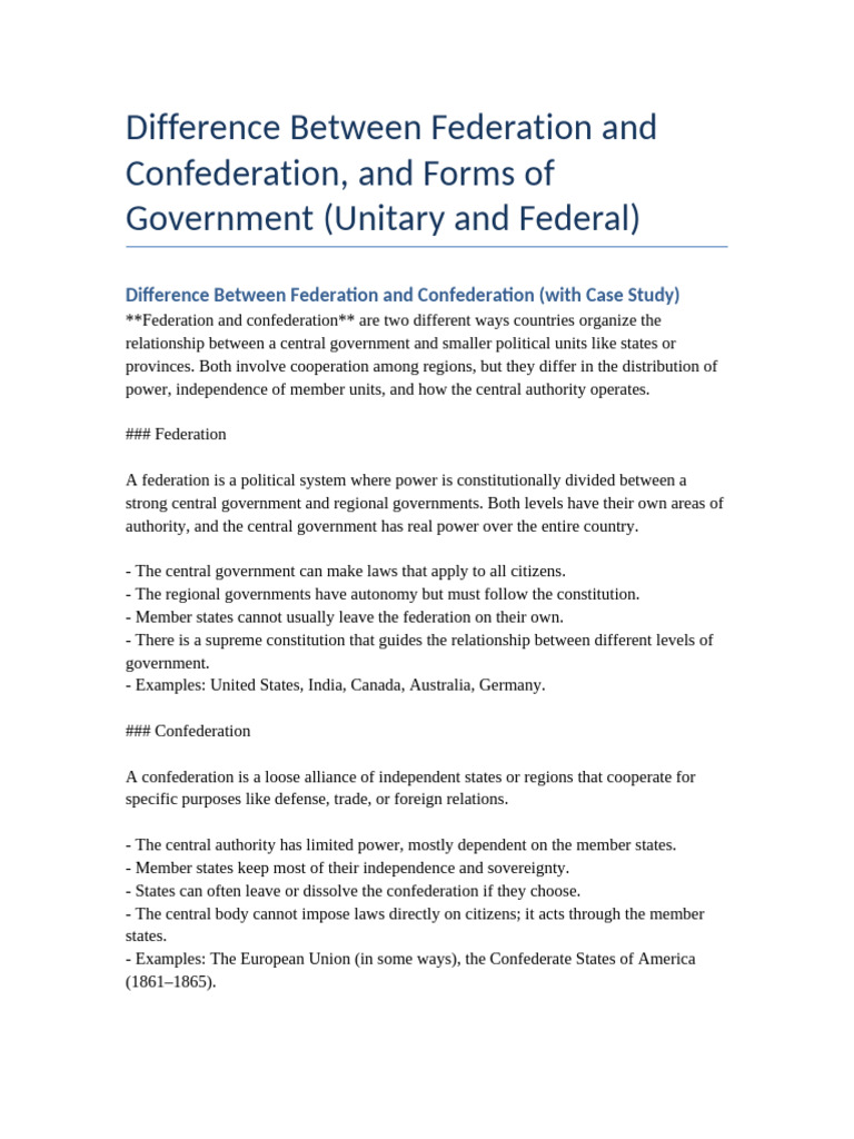 Federation Confederation and Forms of Government | PDF | Federation ...