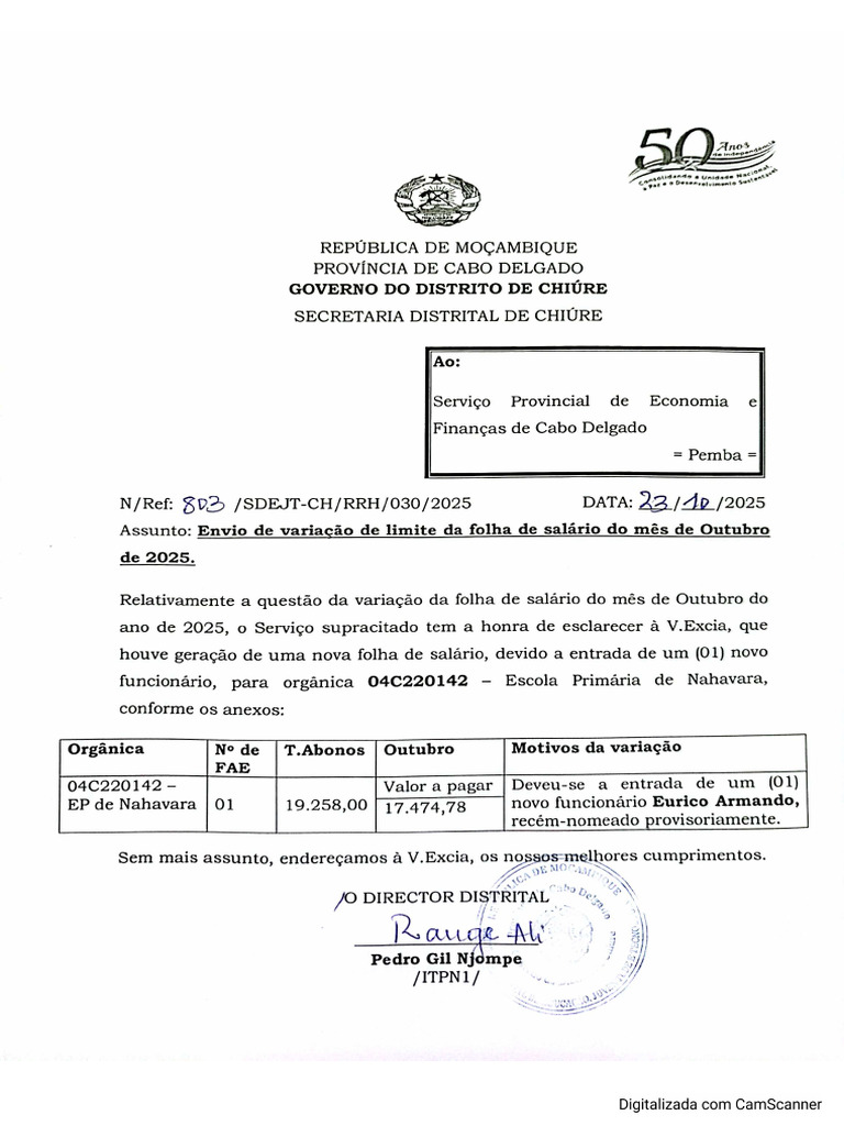 SDEJT de Chiúre - Variação de Folha - Outubro de 2025 | PDF