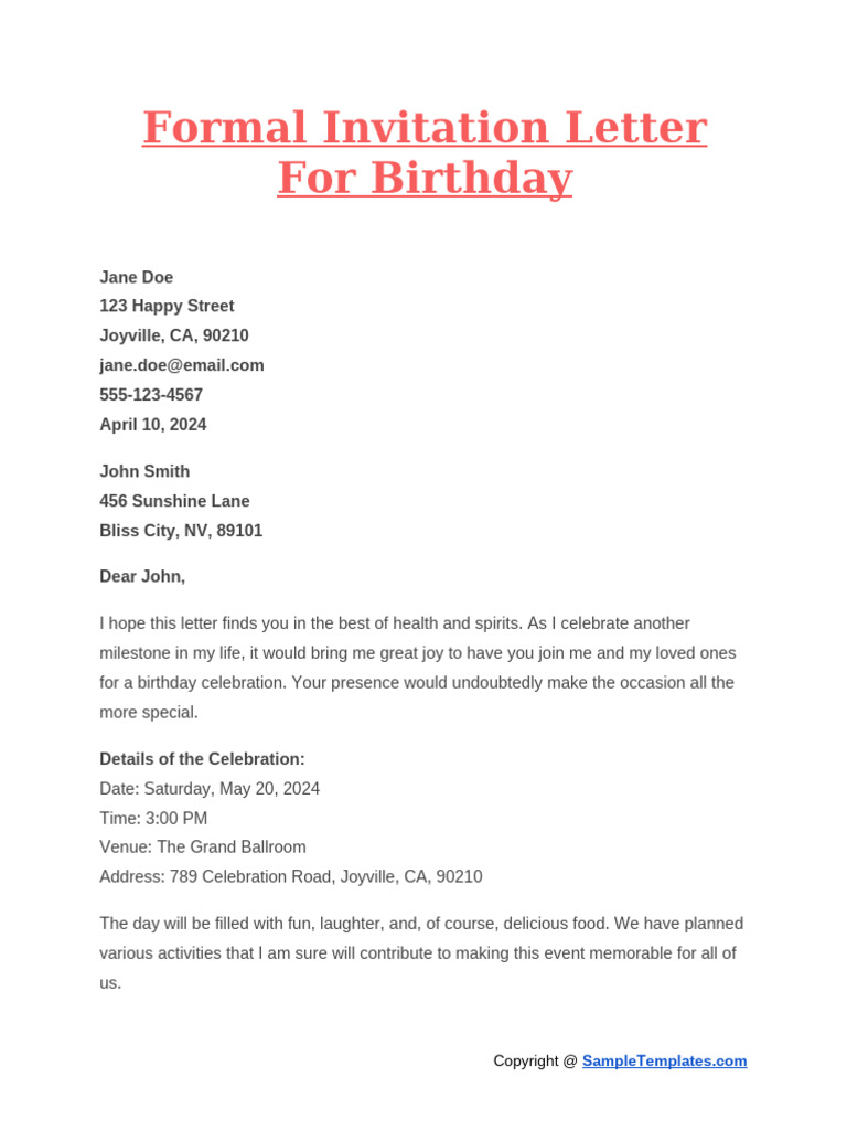 Birthday Invitation Letter Template | PDF