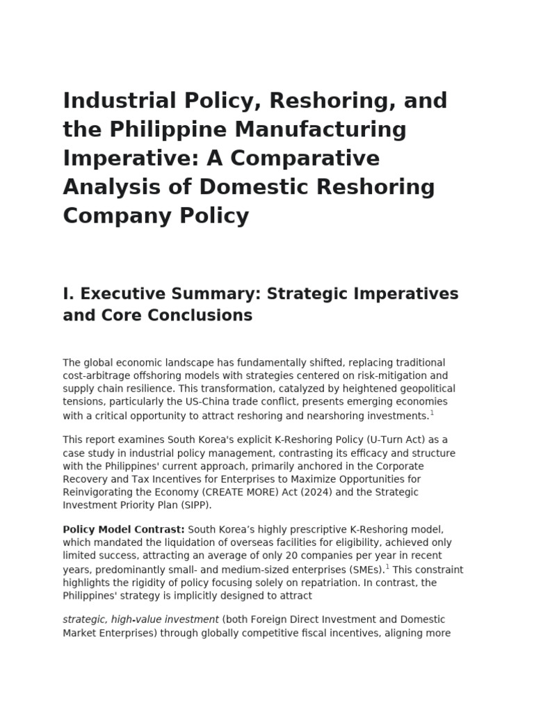 Philippines Reshoring Policy Comparison | PDF | Offshoring | Policy