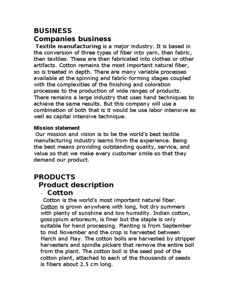 Business Plan | Download Free PDF | Cotton | Textile Manufacturing